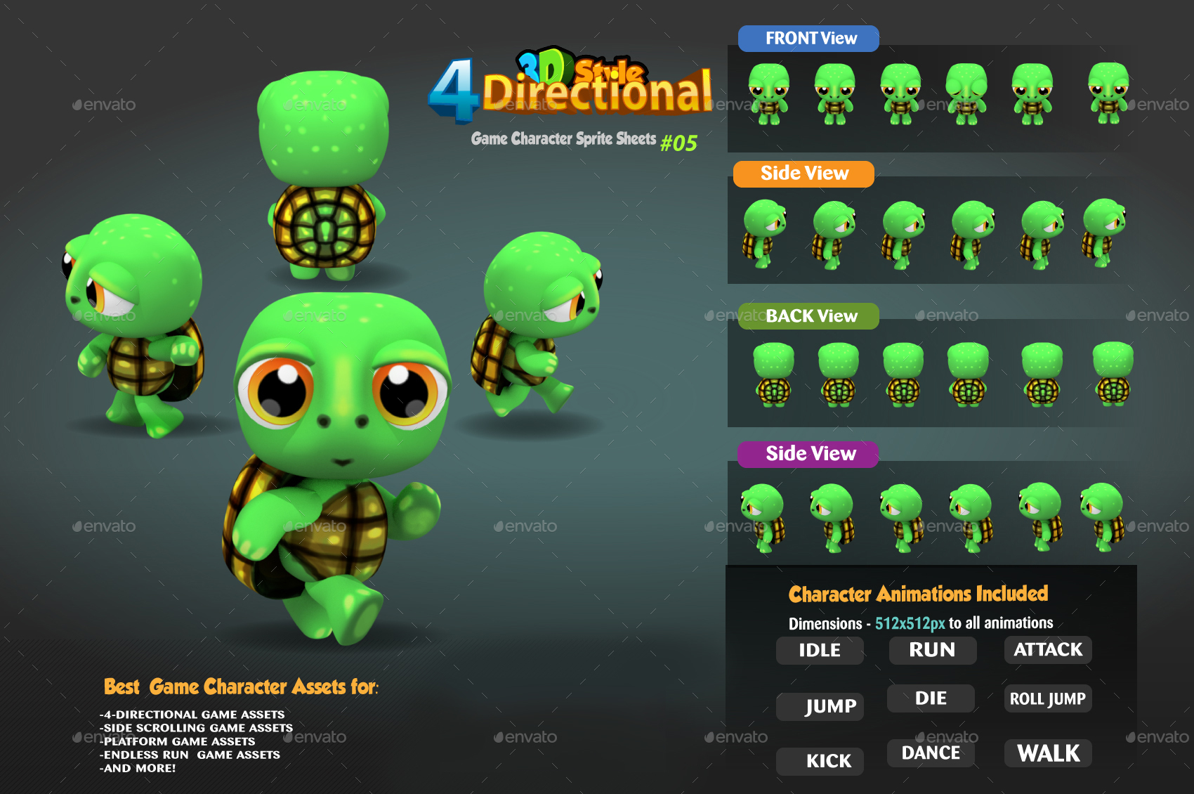 Turtle 4 Directional Game Character Sprites 08, Game Assets | GraphicRiver
