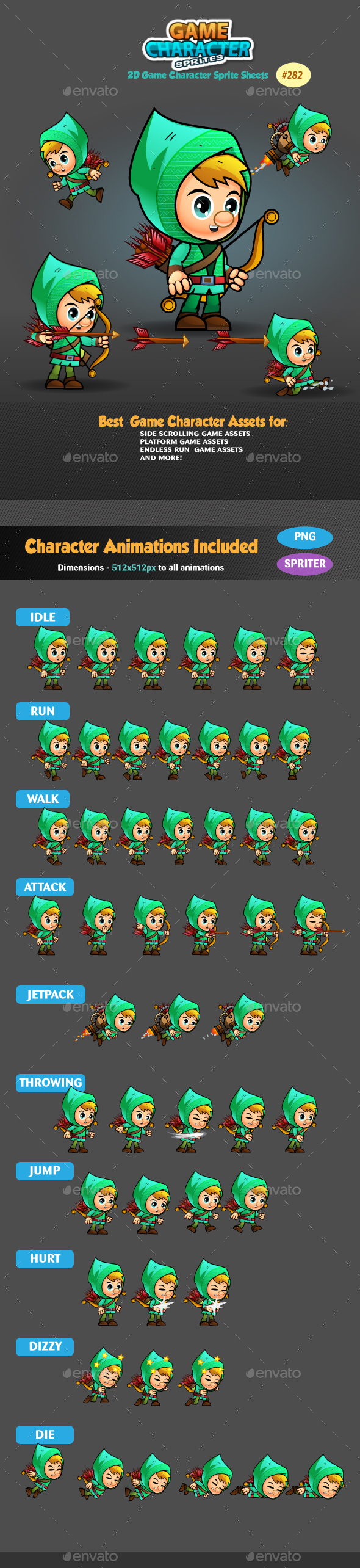 Archer 2D Game Character Sprites 282, Game Assets | GraphicRiver