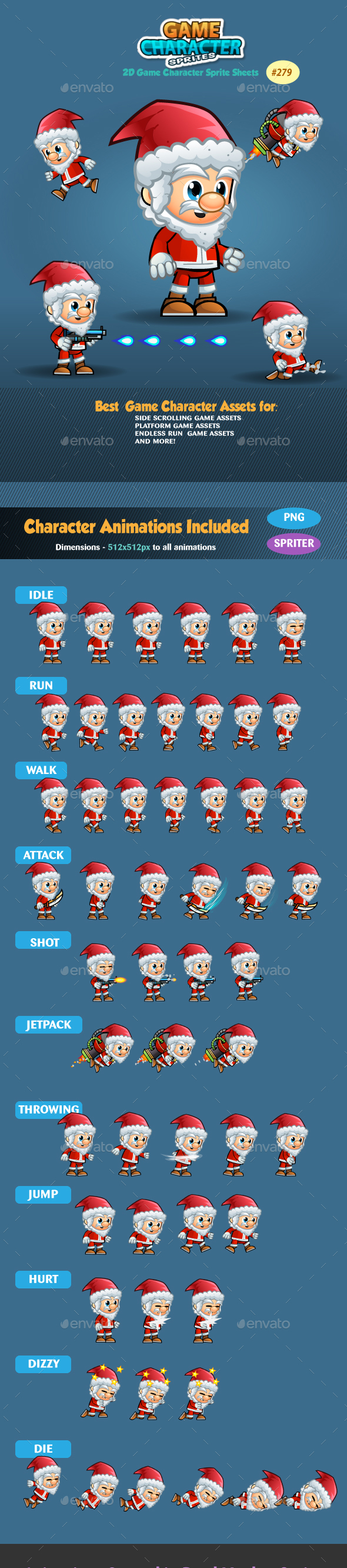 Santa 2D Game Character Sprites 279, Game Assets | GraphicRiver