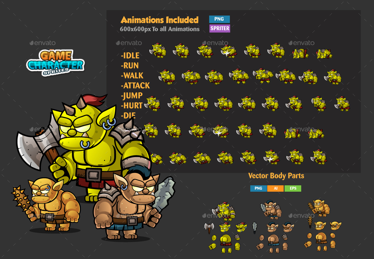 Giant Orcs 2D Game Character Sprites 260, Game Assets | GraphicRiver