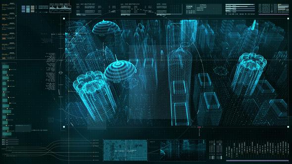 Hi Tech User Interface Head Up Display Digital Cityscape, Motion Graphics