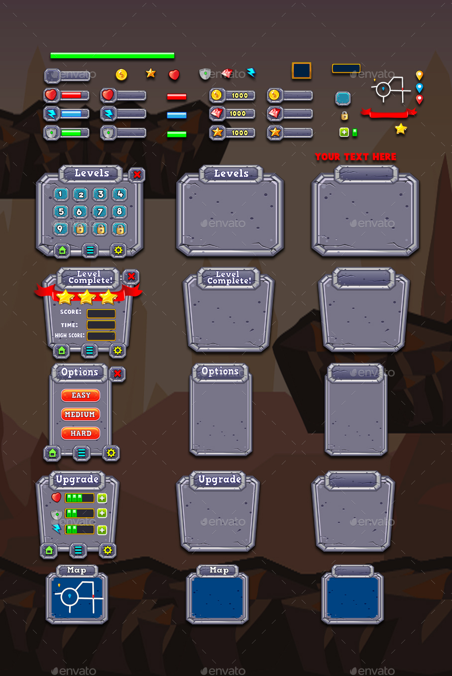 Stone Cartoon Game Ui Pack 13, Game Assets | GraphicRiver