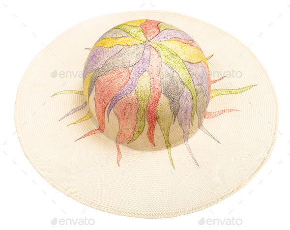 above view of straw hat with wide brim isolated Stock Photo by vvoennyy