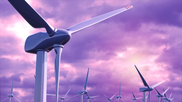 Wind Generators Farm Against a Purple Sky Loop, Motion Graphics | VideoHive