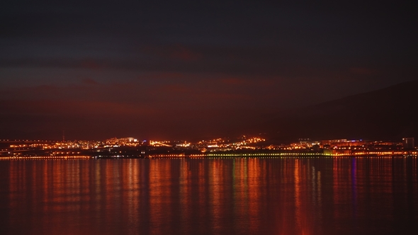 . Beautiful Evening Sky Over Night City and Sea., Stock Footage | VideoHive