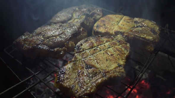 Meat Roasted on Fire Barbecue on the Grill. Street Food, ., Stock Footage