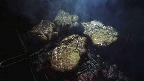 Meat Roasted on Fire Barbecue on the Grill. Street Food, ., Stock Footage