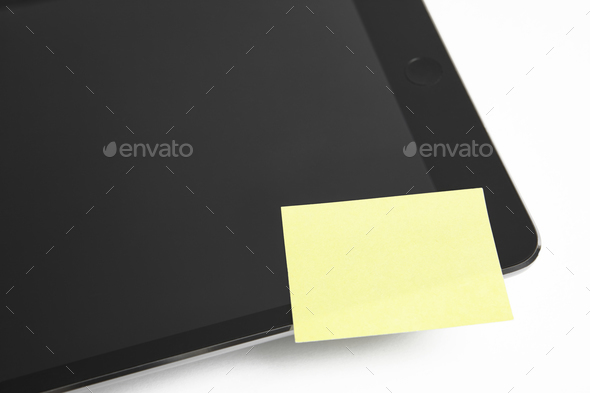 Tablet and post it on display isolated on white. Notes Stock Photo by ...