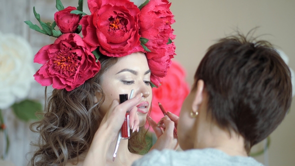 Makeup Artist Stylist Works with the Model's Lips, Stock Footage ...