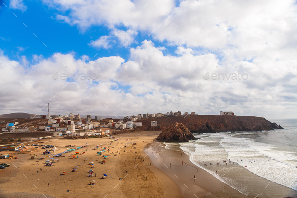 Panoramic view on Atlantic ocean beach in small Morrocan town Iguer ...