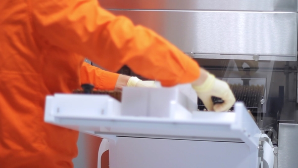 Pharmaceutical Worker Loading Medical Vials at Pharmaceutical Packaging ...