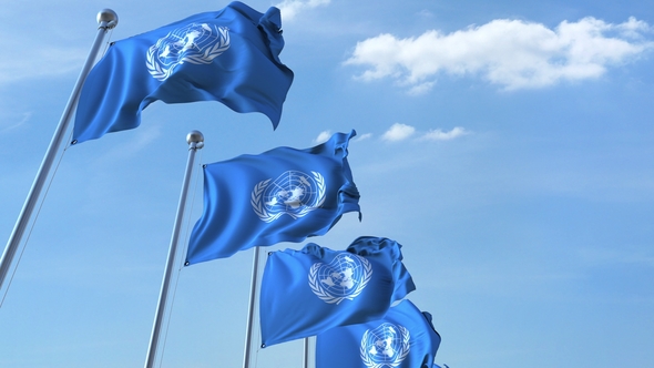 Waving Flags of the United Nations UN Against the Sky, Motion Graphics