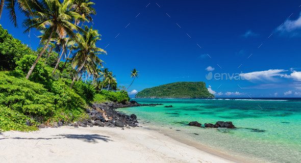 Vibrant tropical Lalomanu beach on Samoa Island with coconut pal Stock ...