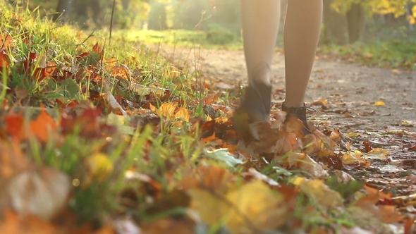 Foot of Beautiful Young Woman in Autumn Park on Fall Nature Background ...