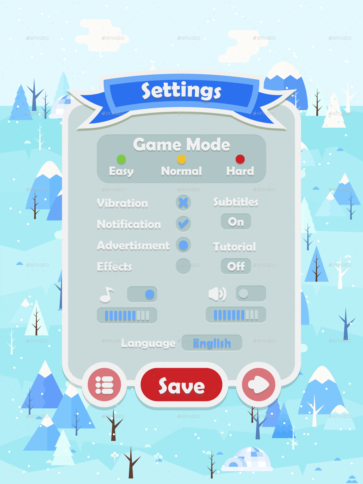 Flat Ice World Game User Interface Set, Game Assets | GraphicRiver