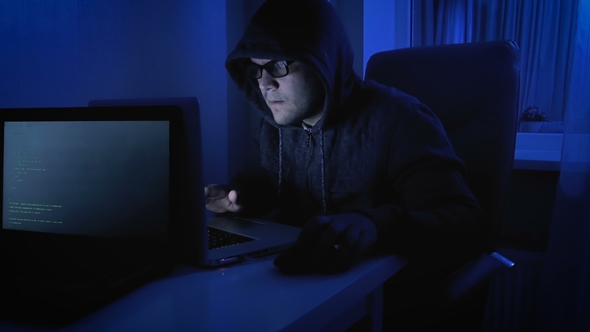 Funny Footage of Male Pretends To Be Hacker. Geeky Man in Hood Working ...