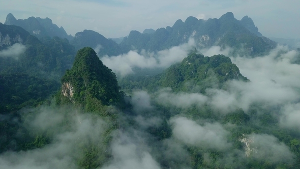 Limestone Rocks in Mist Covered with Lush Tropical Greenery. Top View ...