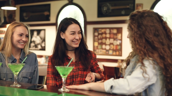 Cheerful Female Friends Socializing in Fancy Bar, Stock Footage | VideoHive