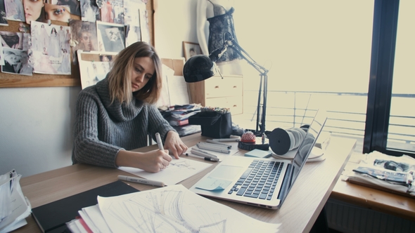 Beautiful Designer Drawing Sketches in the Studio, Stock Footage ...