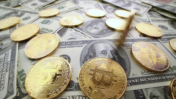 Gold Bit Coin BTC Coins and Dollar Bills, Stock Footage | VideoHive