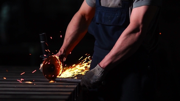 Industrial Engineer Working on Cutting Steel with Compound Mitre Saw ...