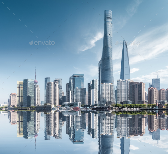 abstract shanghai cityscape, modern building with reflection in sunny ...