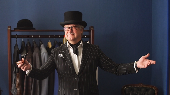 Portrait of Posh Mature Gentleman Visiting a Tailor's Shop, Stock Footage