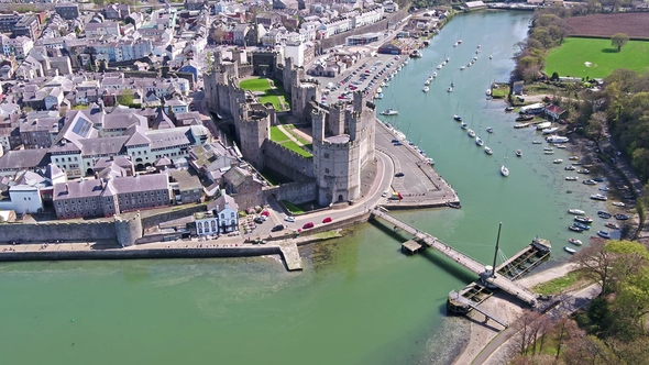 Skyline of Caernarfon, Gwynedd in Wales in United Kingdom, Stock Footage
