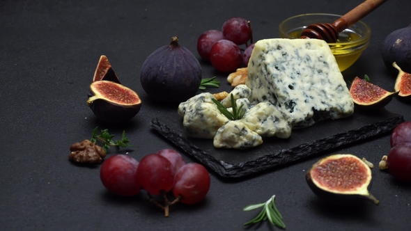 Slice of French Roquefort Cheese with Figs, Stock Footage | VideoHive