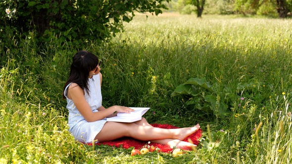 Woman Reading Book in the Field, Stock Footage | VideoHive