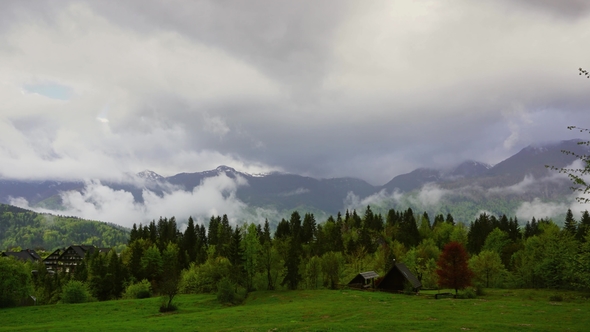 Mountain Alps House and Trees in Fog Clouds, Stock Footage | VideoHive
