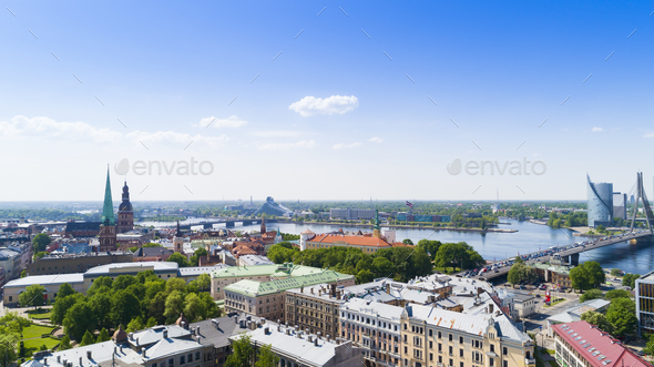 Top view on the old town with beautiful colorful buildings in Riga city ...