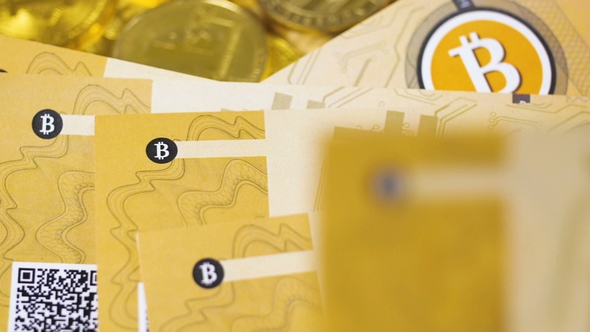 Bitcoins Banknotes with Scratch Code Fall Down, Stock Footage | VideoHive