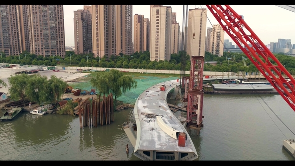 Aerial View of Floating Crane, Pedestrian Bridge Construction, Stock ...