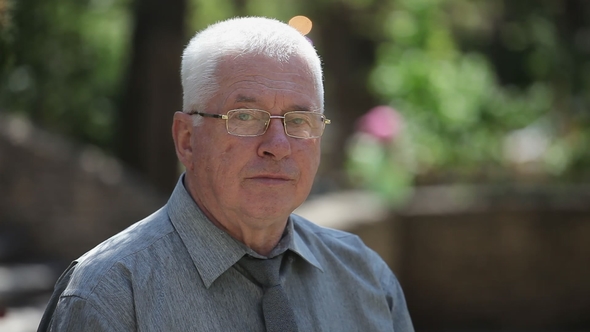 Happy Grey-headed Man in Glasses Sits and Smiles in a Park in Summer ...