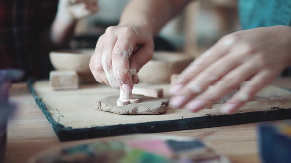 Lesson on Manual Modeling of Clay. Female Hands. Girl Works with Clay ...