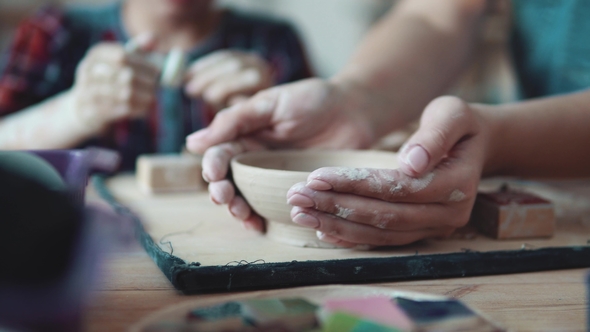 Occupation on Manual Modeling of Clay. Female Hands. Girl Sculpts a ...