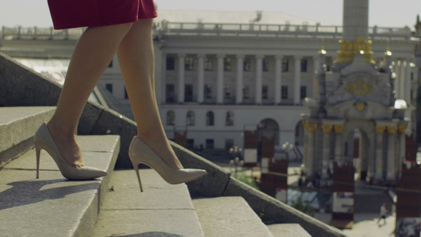 Female Legs in High Heels Stepping Down on Stairway, Stock Footage