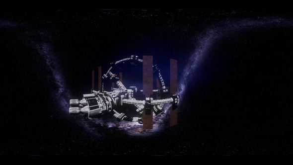 VR 360 Futuristic Spaceship Flying in Space with Mily Way, Motion Graphics
