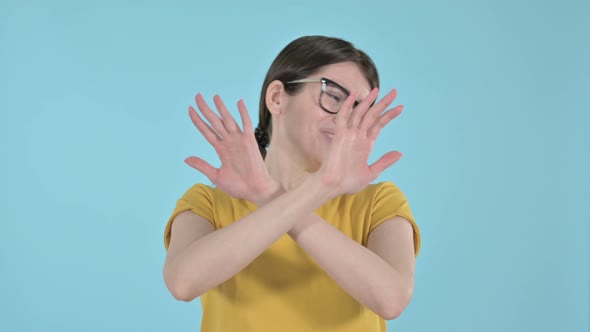 Young Woman Saying No By Hand Gesture on Purple Background , Stock Footage