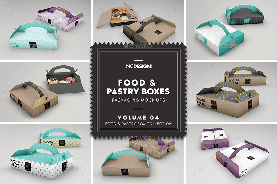 Food Pastry Boxes Mockup Bundle: Take out Packaging Mockups, Graphics