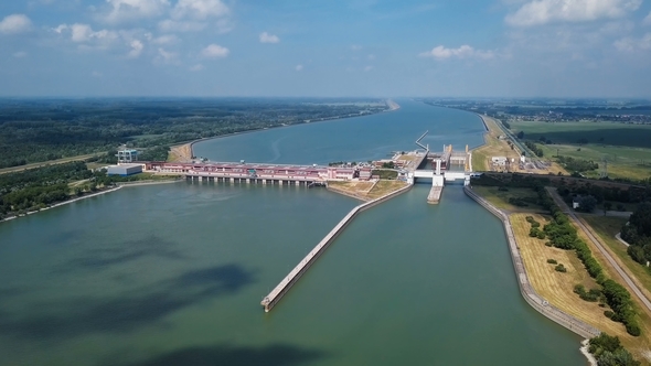 Aerial View of Dam and Gates on Danube , Stock Footage | VideoHive