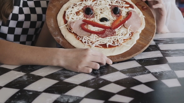 Spinning the Pizza and Showing It at Camera in Cafe, Stock Footage