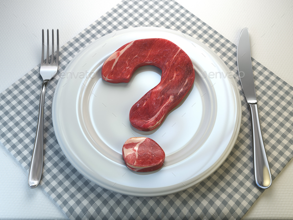 Plate with raw meat in the shape of a question mark. Concept of Stock ...