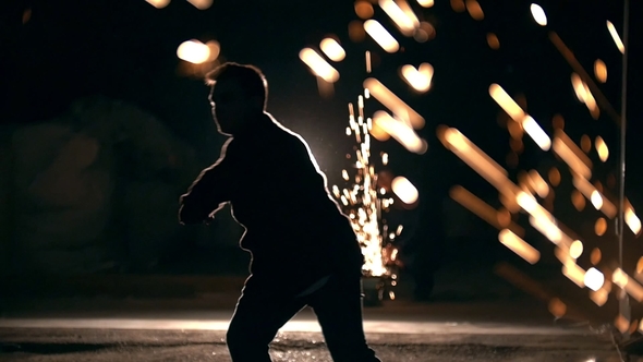 A Man Changes His Legs in a Jump, the Lights of the Night City,, Stock ...