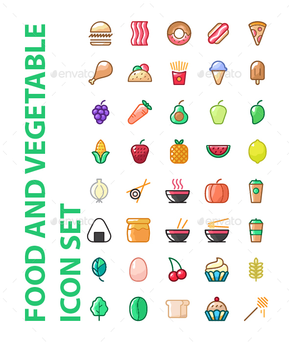40 Food and Vegetable Icon Set, Icons | GraphicRiver