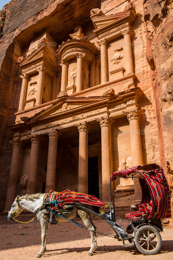 Horse carriage in the front of Treasury. Petra, Jordan. Ancient stone ...