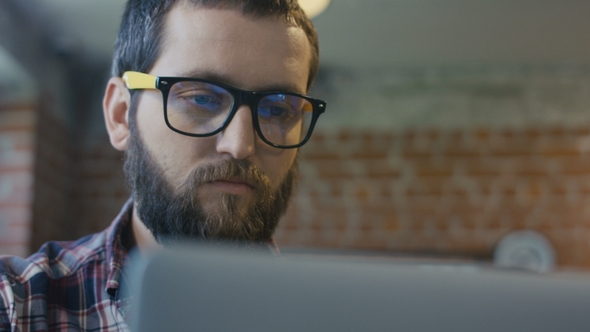 Focused Bearded Man Using Computer, Stock Footage | VideoHive