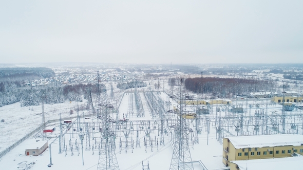 Electrical Substation with Towers and Wires in Winter, Stock Footage