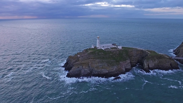 Aerial View of South Stack with Lighthouse During Sunset, Stock Footage